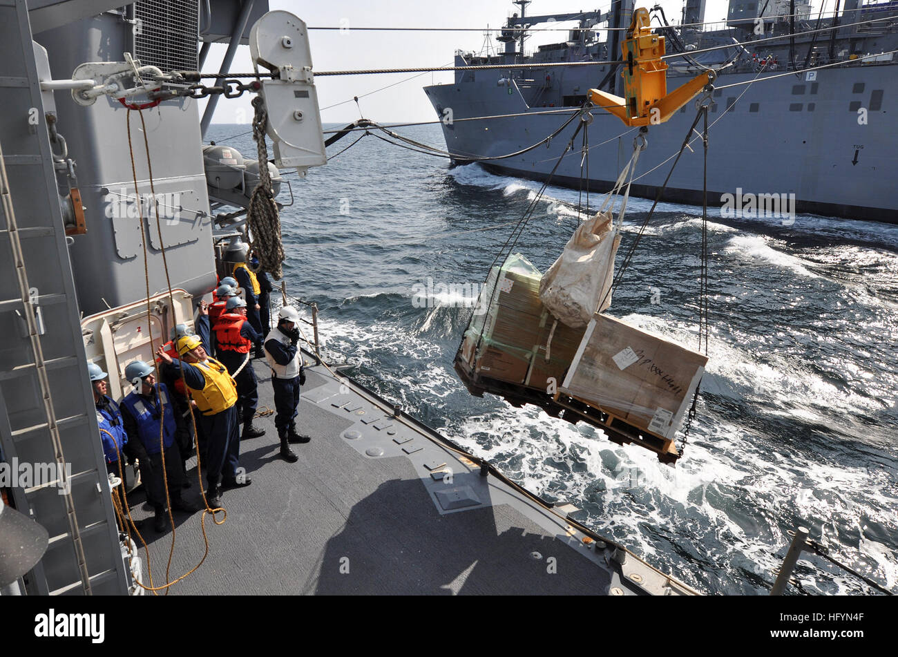 Sailors aboard USS Shiloh (CG 67) receive cargo from USNS Matthew Perry ...