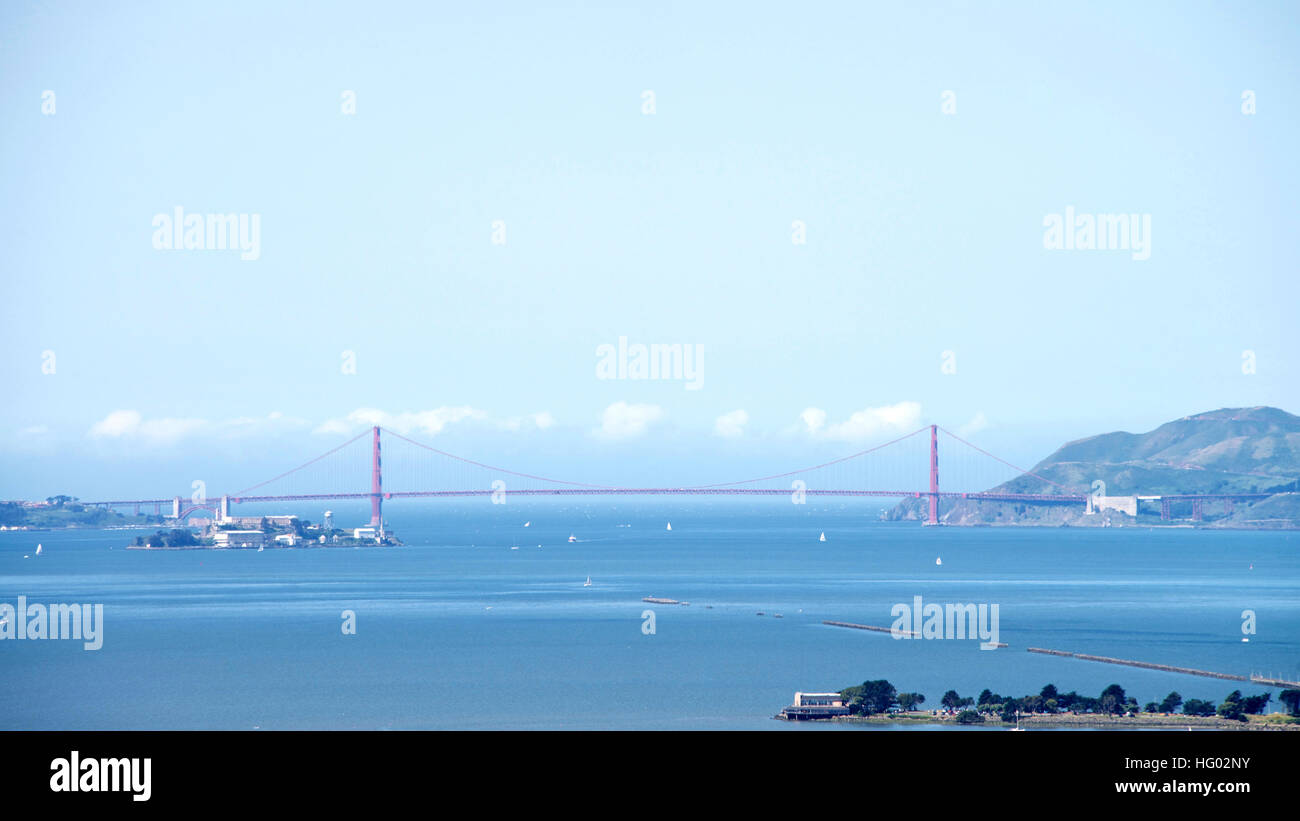 San Francisco Golden Gate Bridge side view of entire bridge from above ...