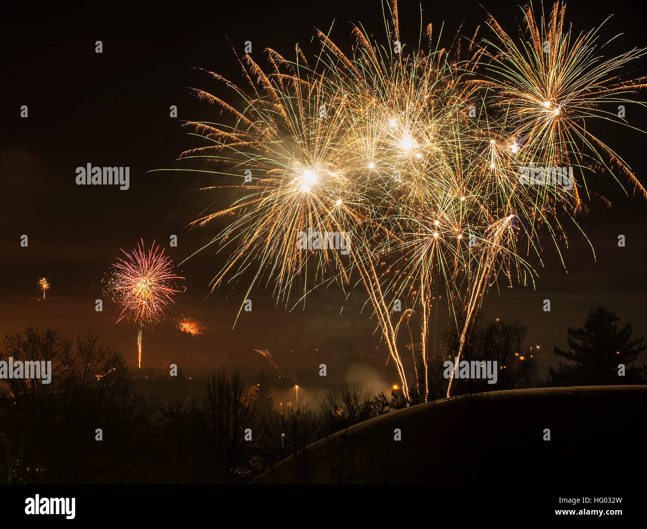 Abstract fireworks rockets in a line Stock Photo - Alamy