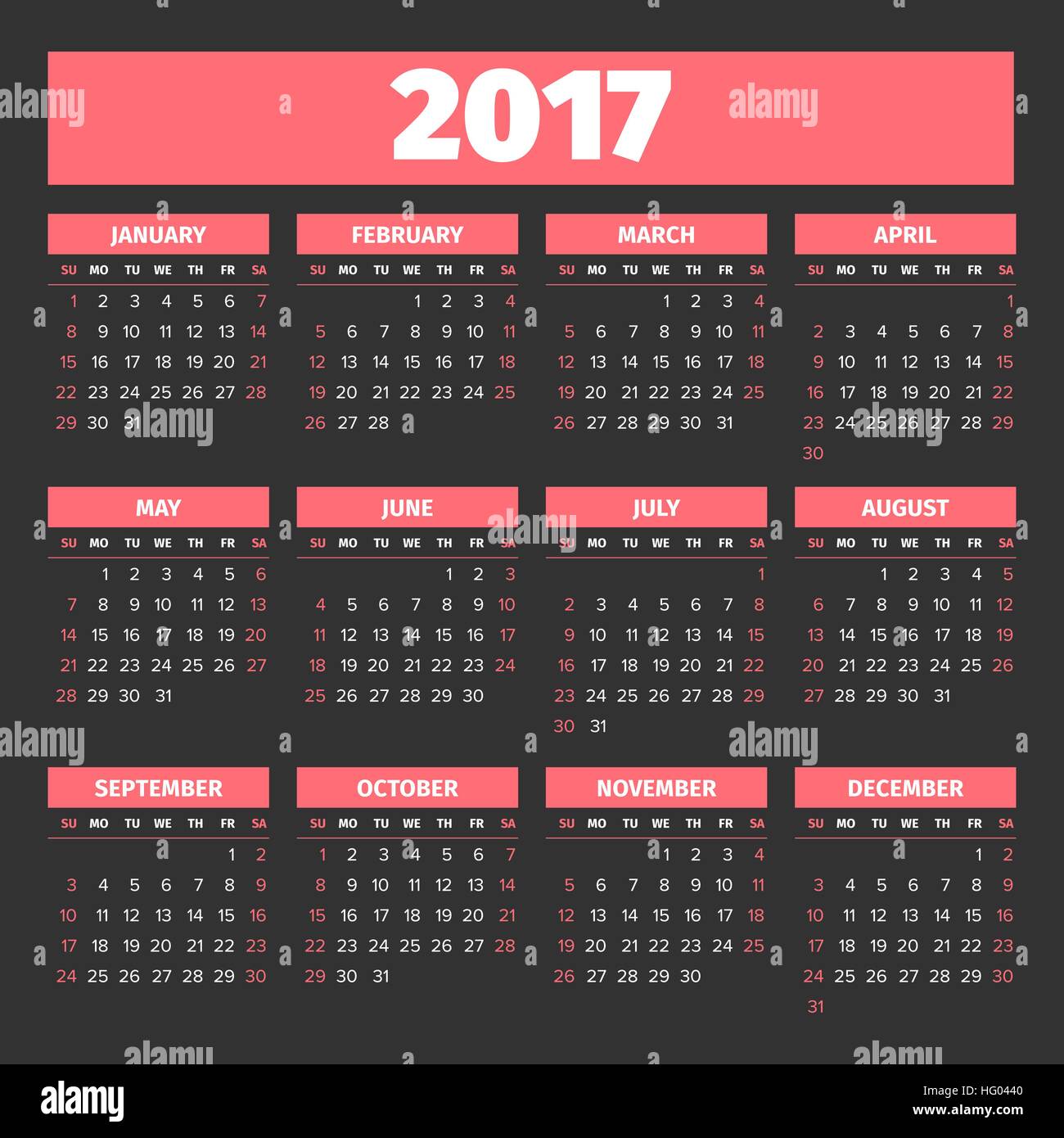 calendar 2017 template with red color and black background Stock Vector ...