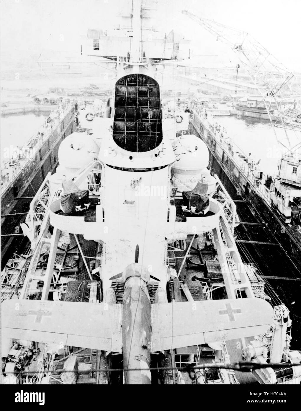 View forward from the mainmast of the German heavy cruiser Prinz Eugen ...