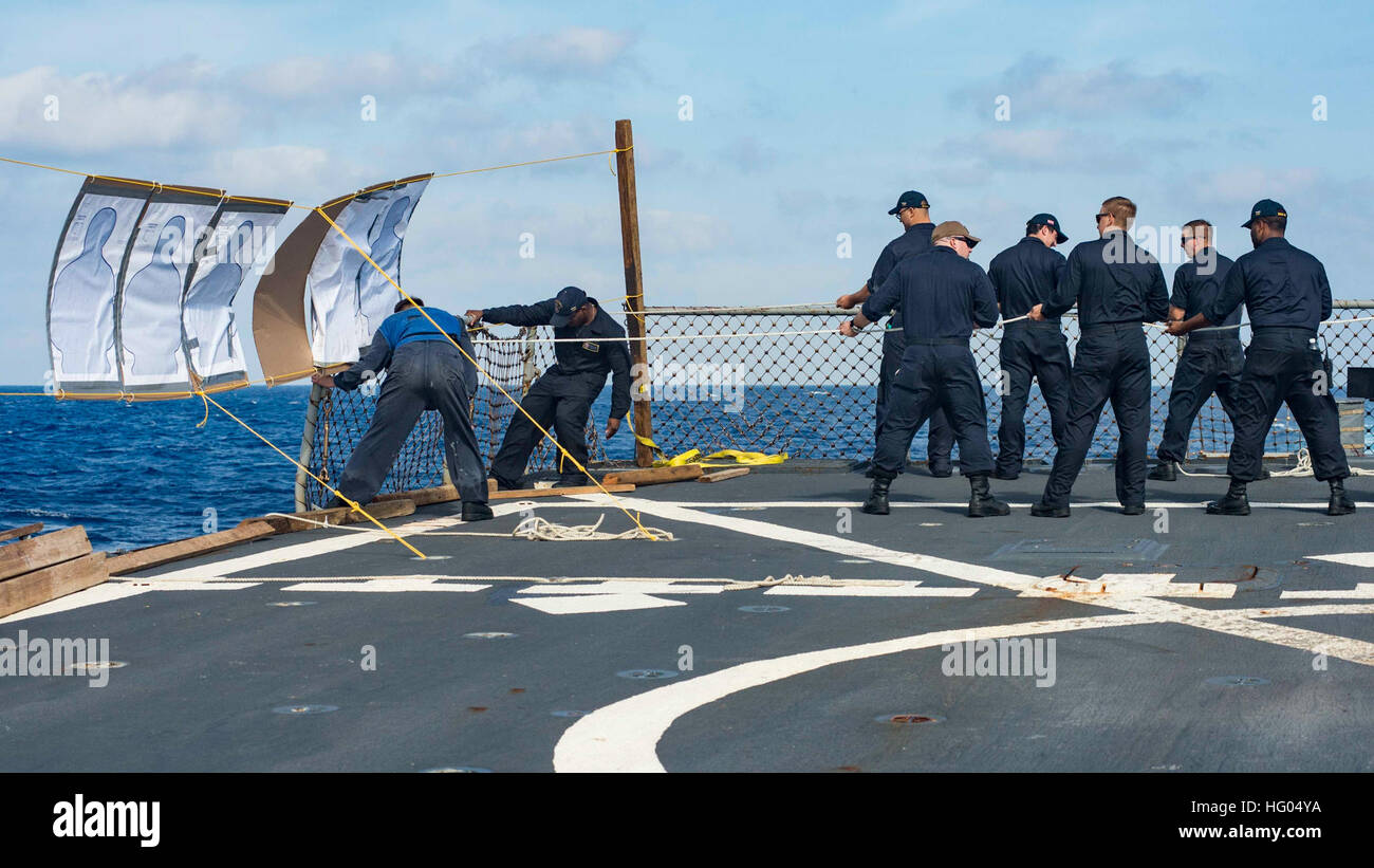 Sailors aboard the guided-missile destroyer USS Stout secure targets ...