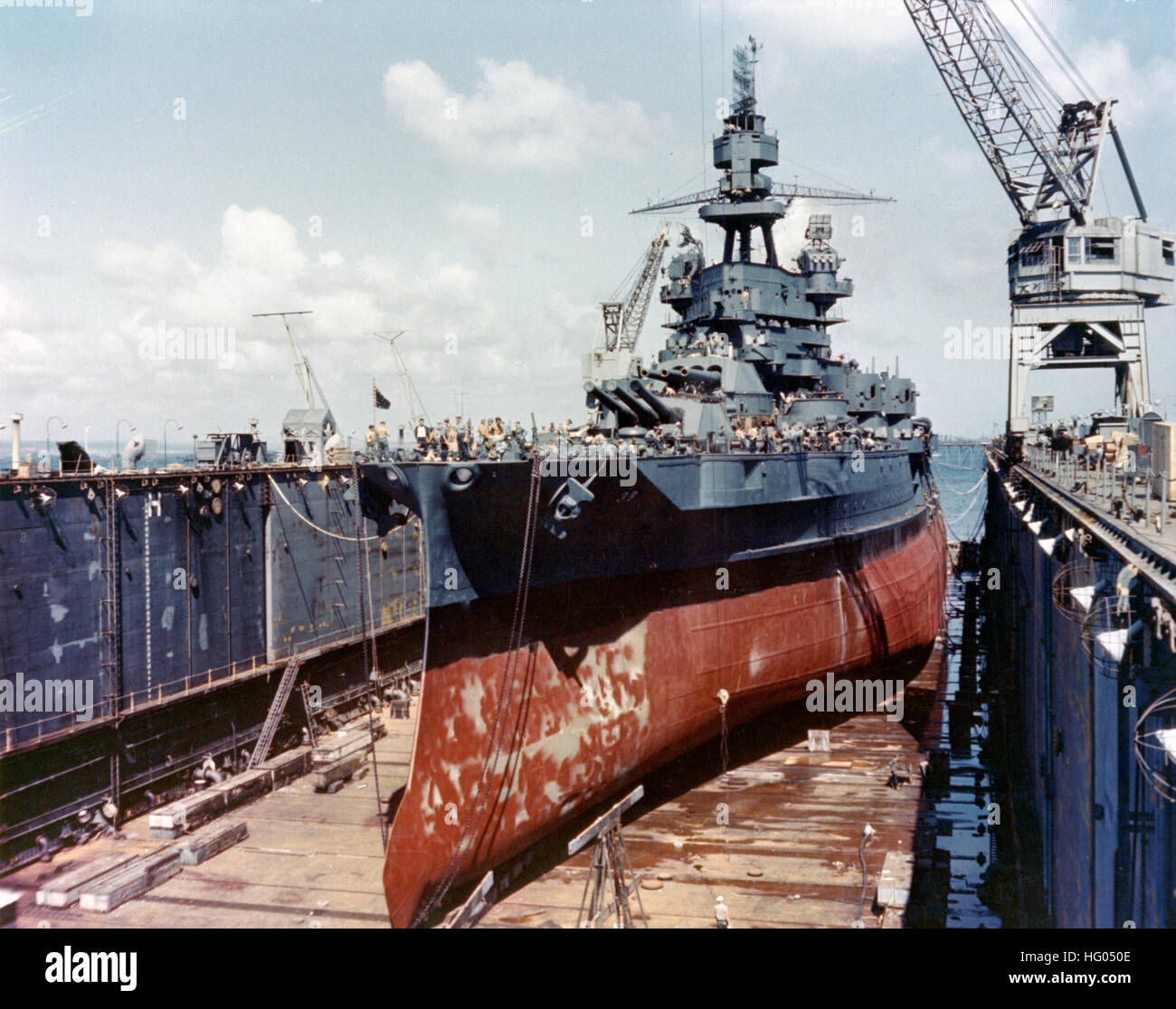 USS Pennsylvania (BB-38) drydocked in an Advanced Base Sectional Dock ...
