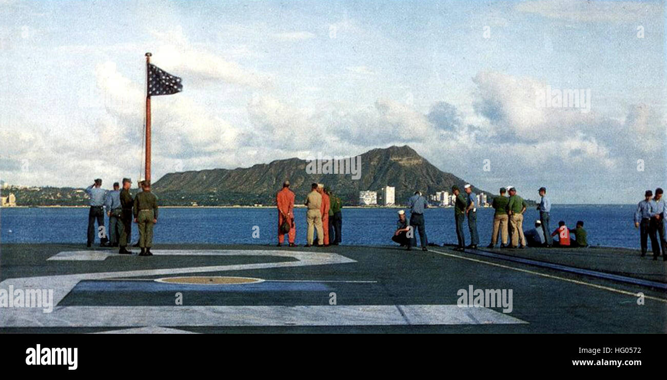 A view of Diamond Head on Oahu as seen from the aircraft carrier USS ...