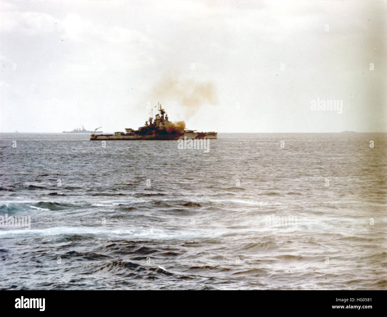 USS Nevada (BB-36) bombarding Iwo Jima, 18 January 1945-k03510 Stock ...