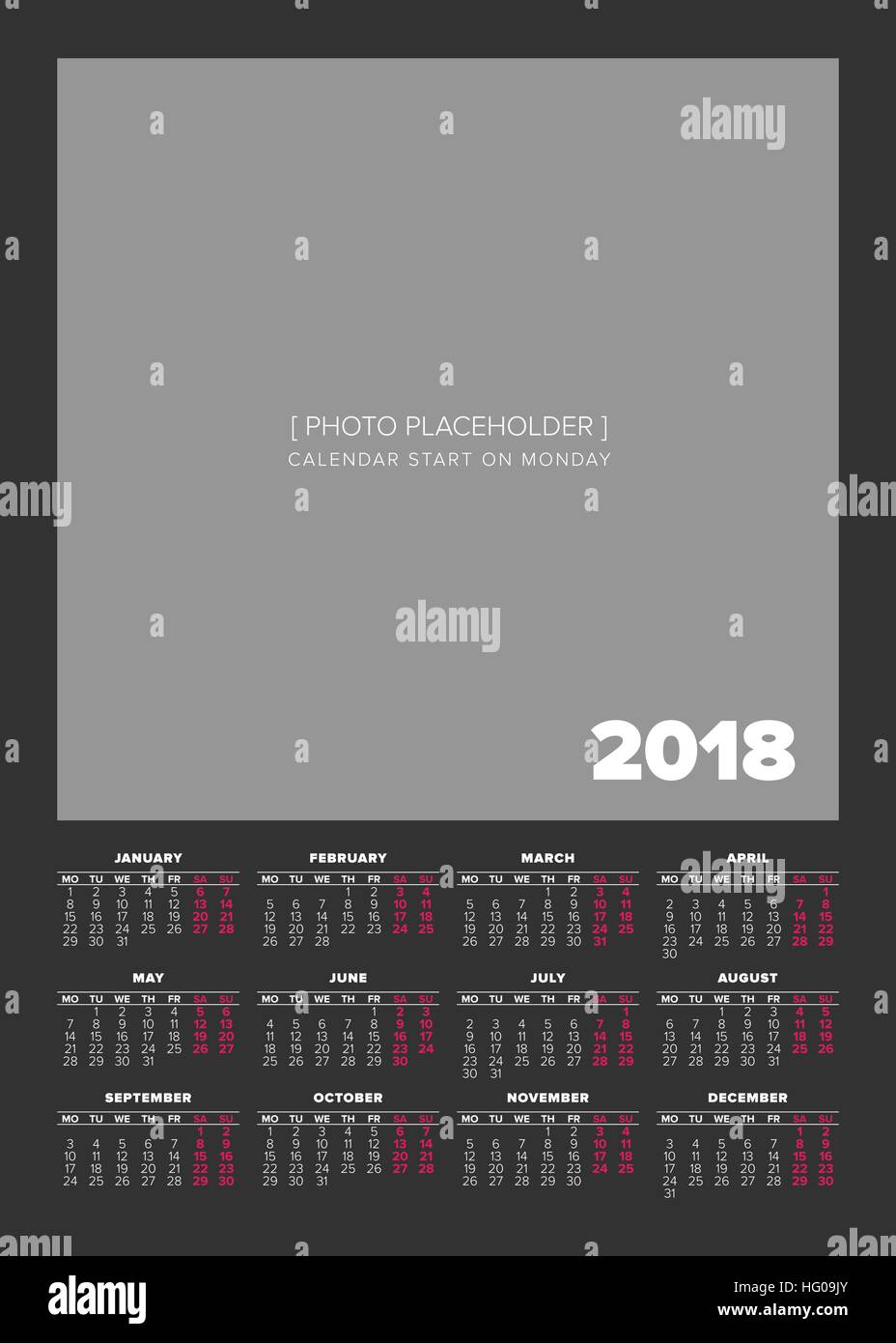 Black Simple 2018 year calendar, week starts on Monday Stock Vector ...