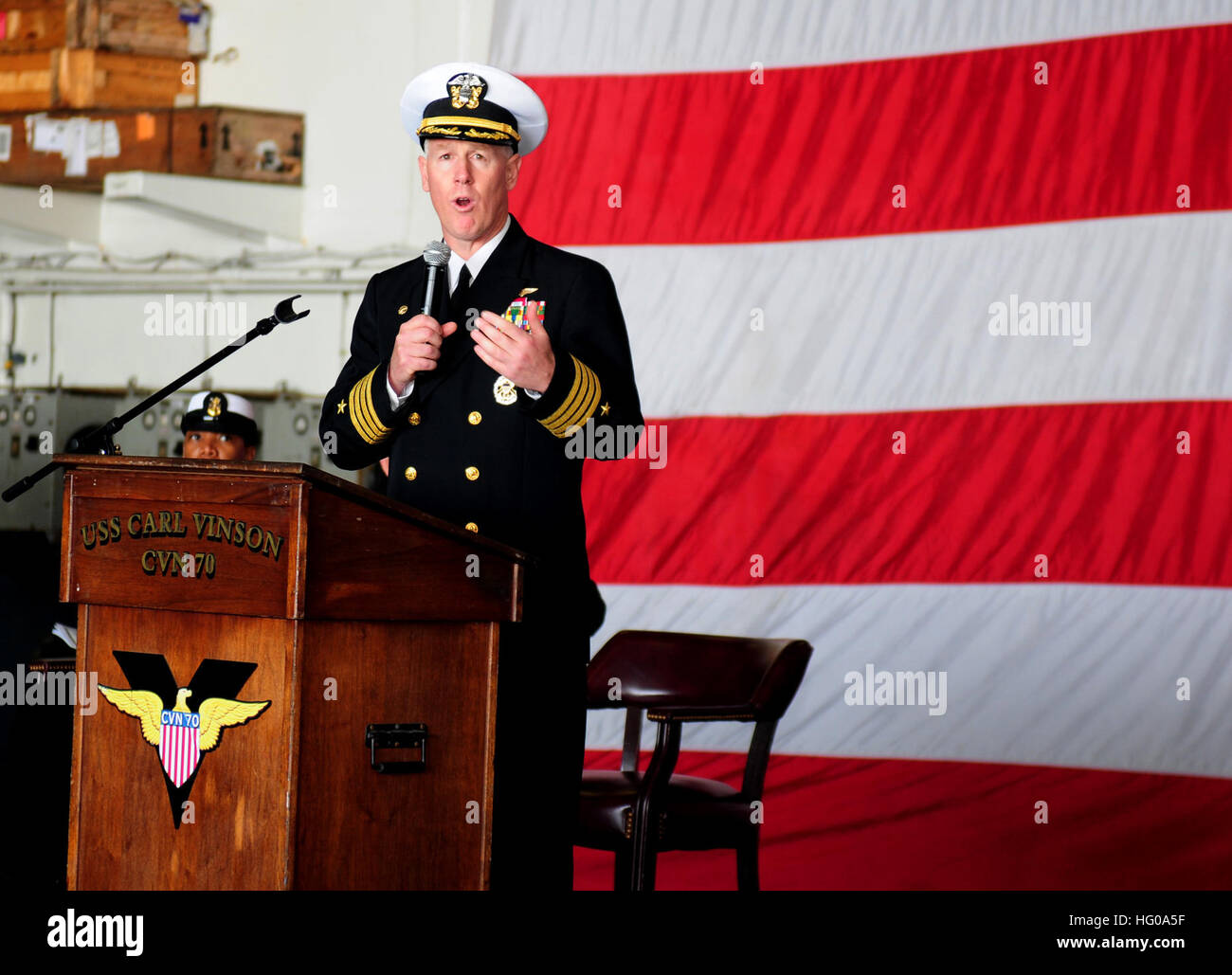 The commanding officer of USS Carl Vinson delivers a farewell address ...