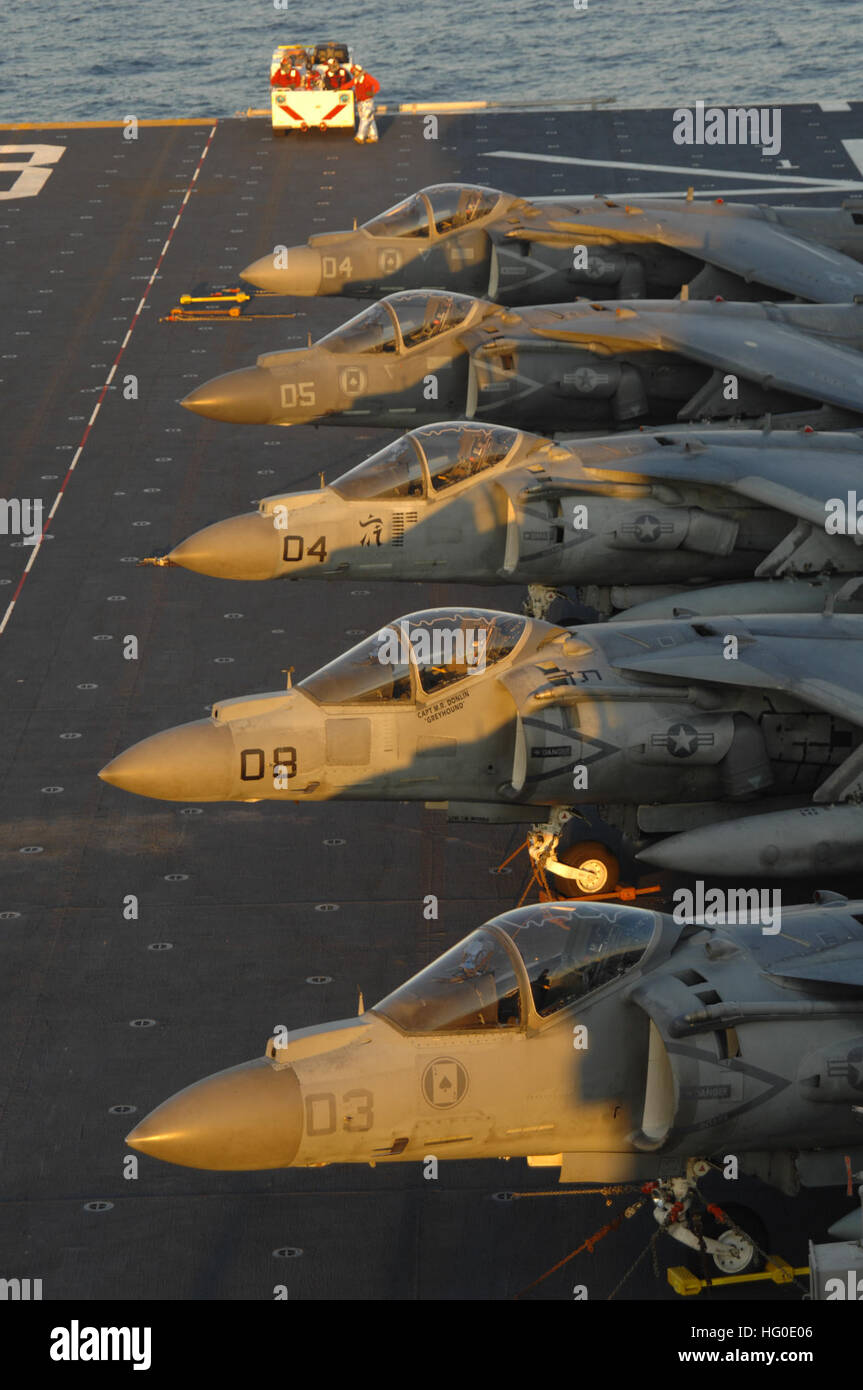 120202-N-SB587-365 ATLANTIC OCEAN (Feb 2, 2012) AV-8B Harriers sit on ...