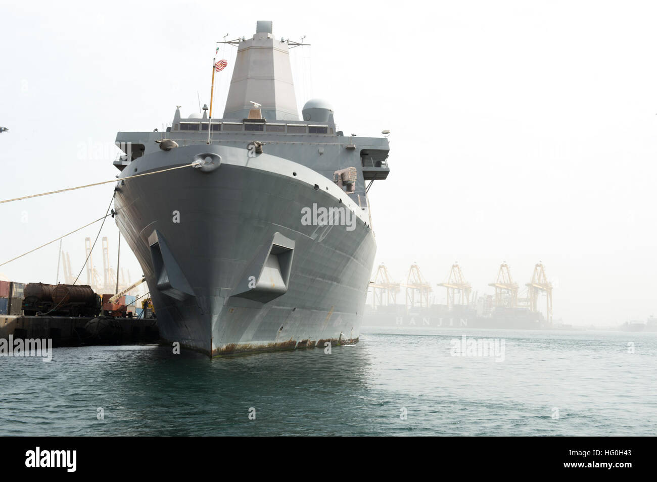 USS Green Bay (LPD 20) is moored to the pier during a visit to the port ...