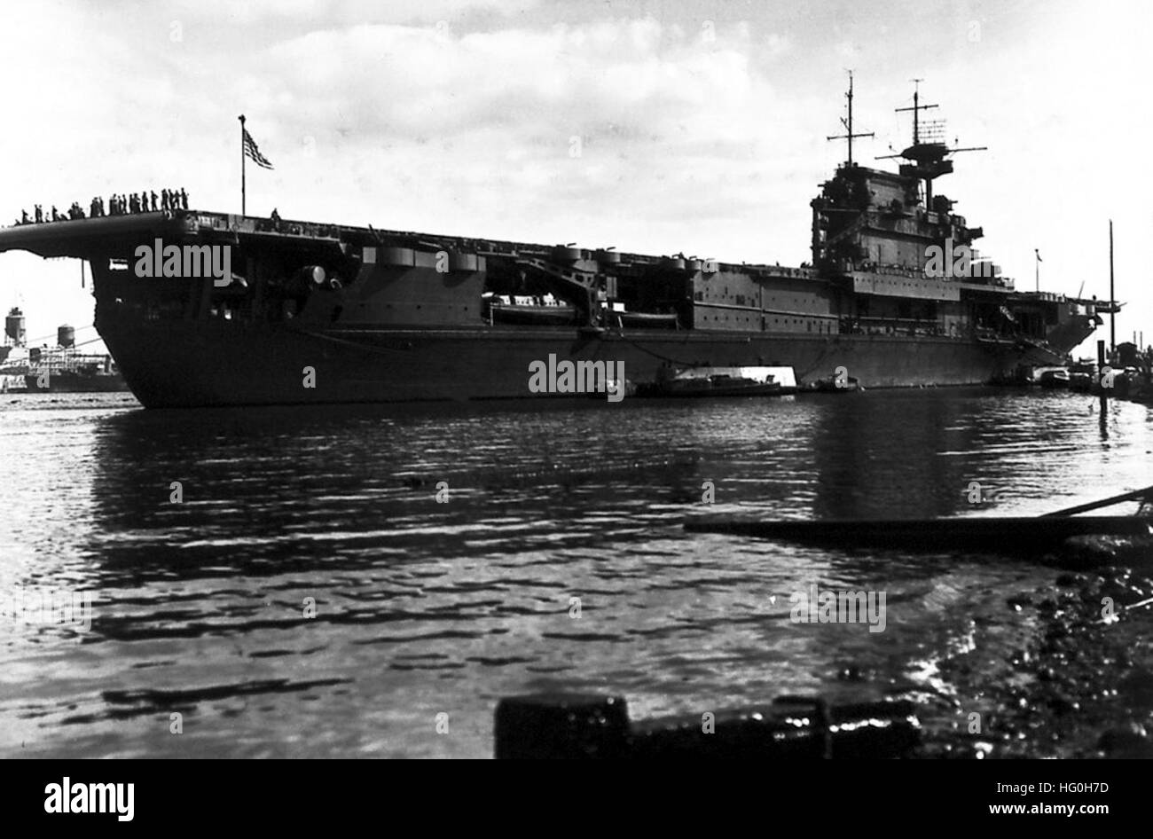 Aft view of the aircraft carrier USS Enterprise (CV-6) docked at Pearl ...