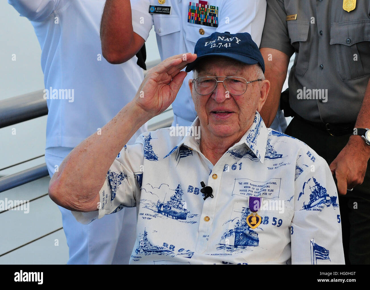Battleship USS Arizona (BB-39) survivor Lauren Bruner renders a salute ...