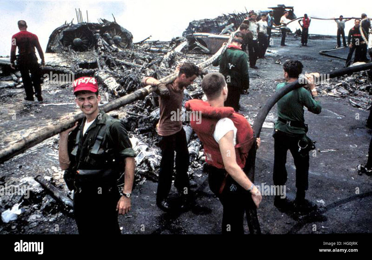 USS Forrestal (CV-59), an aircraft carrier of the U.S. Navy, suffered a ...