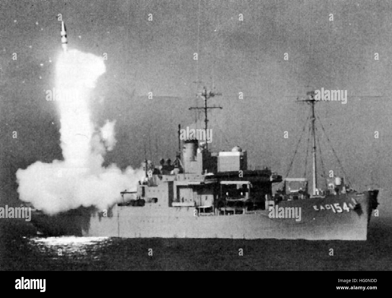 USS Observation Island (E-AG-154) firing 28-foot Polaris test missile ...