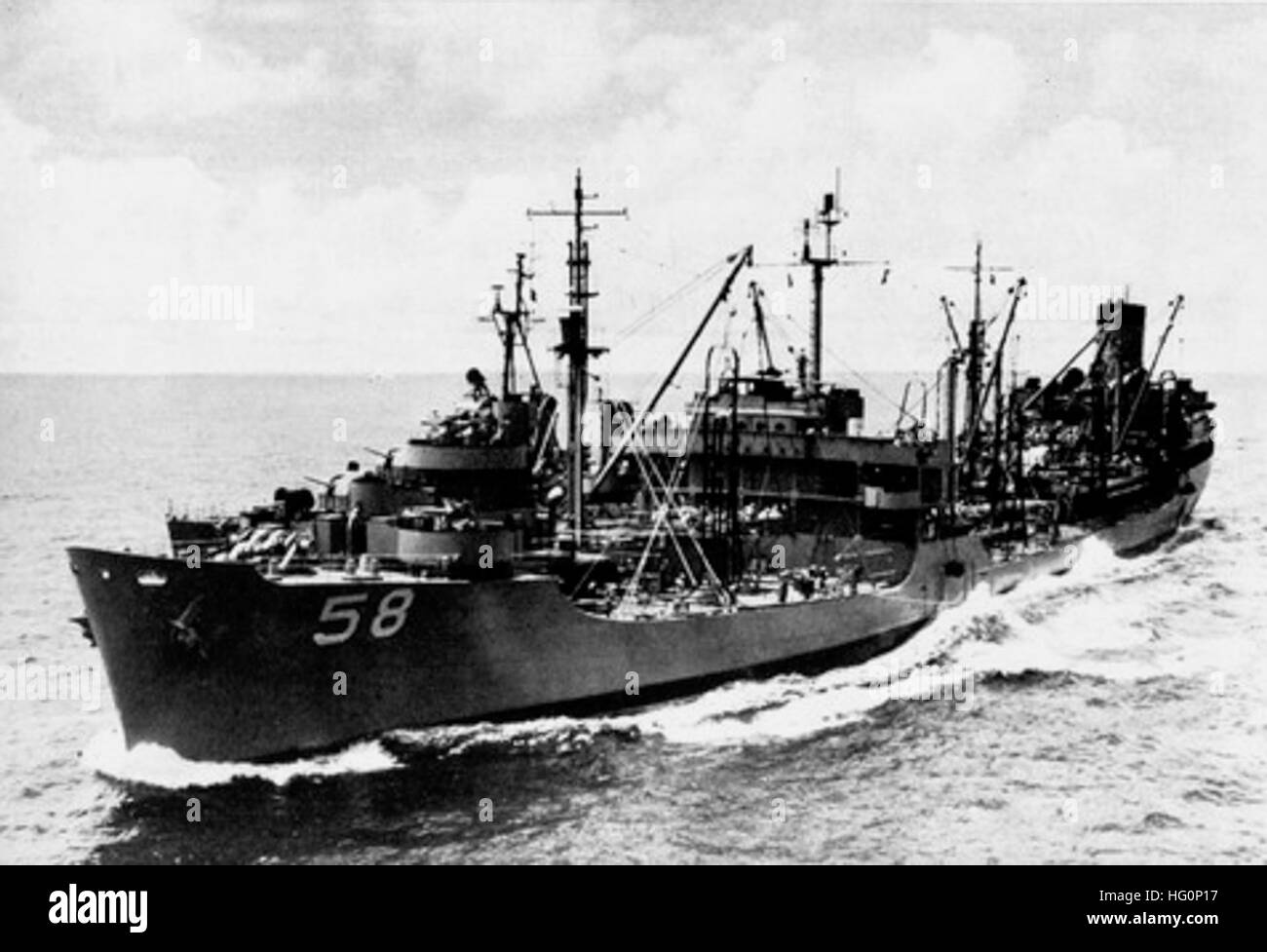 The fleet oiler USS Manatee (AO-58) underway around 1955, showing deck ...