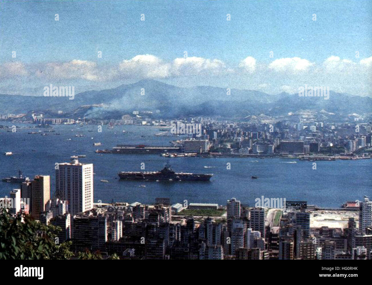The aircraft carrier USS Hancock (CV-19) docked at Hong Kong in 1975 ...