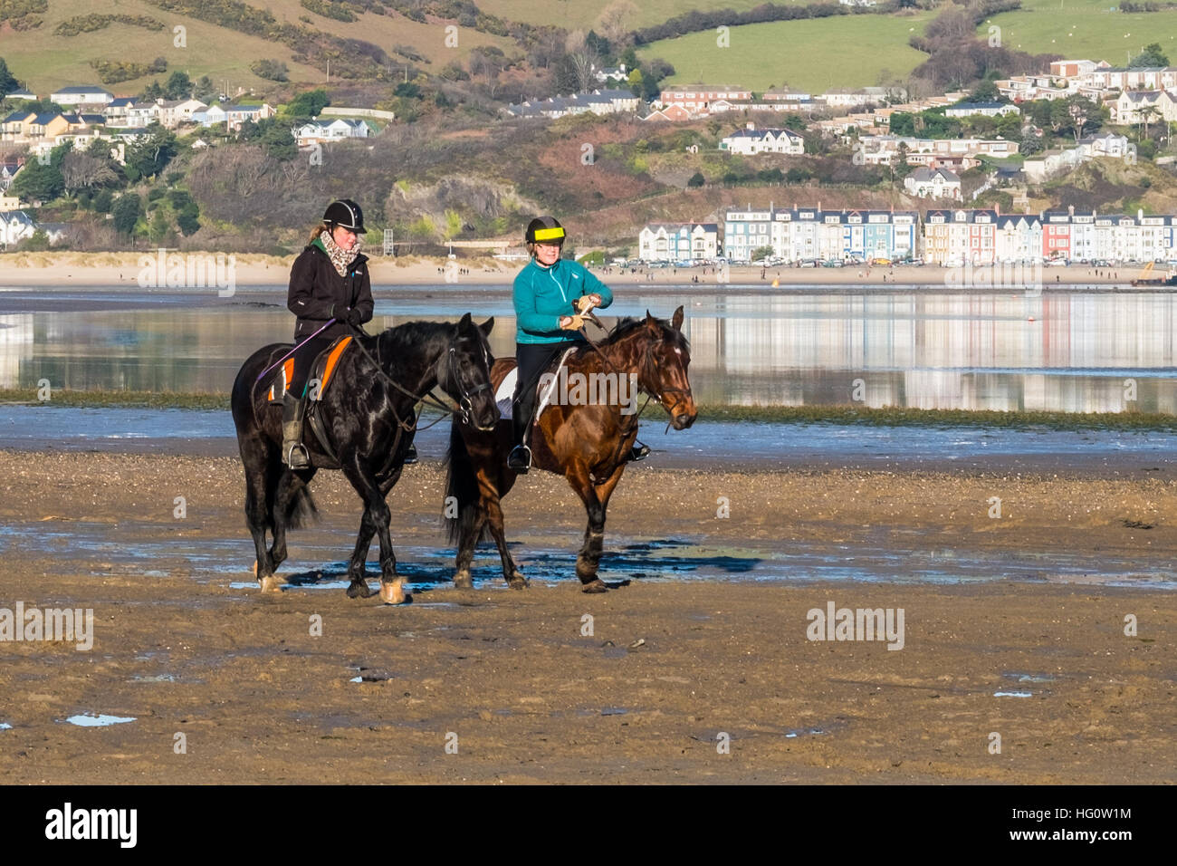 Ynyslas, Ceredigion, West Wales. 2 January 2017. Weather. Horse riders ...