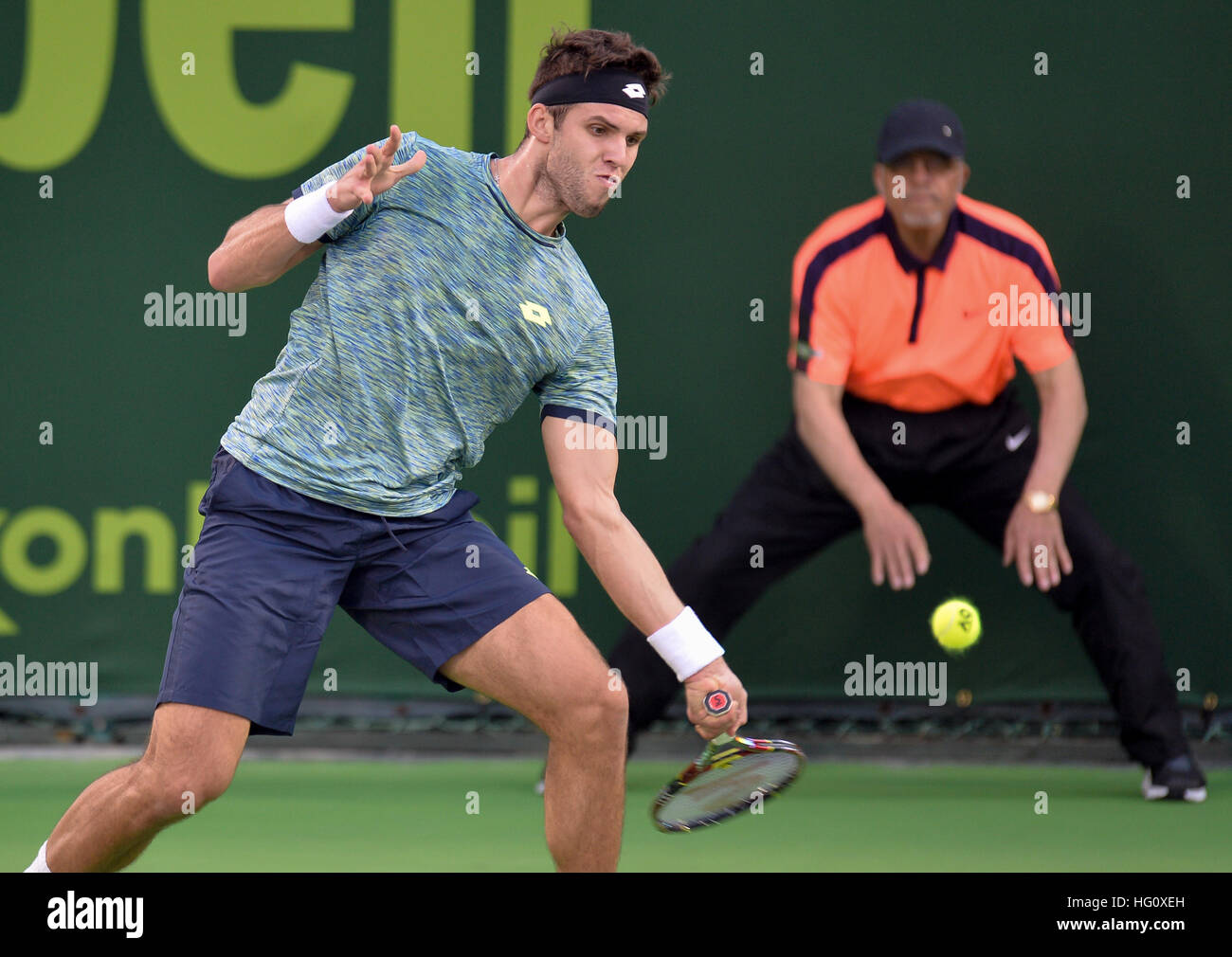 Doha, Qatar. 2nd Jan, 2017. Jiri Vesely of the Czech Republic returns a ...