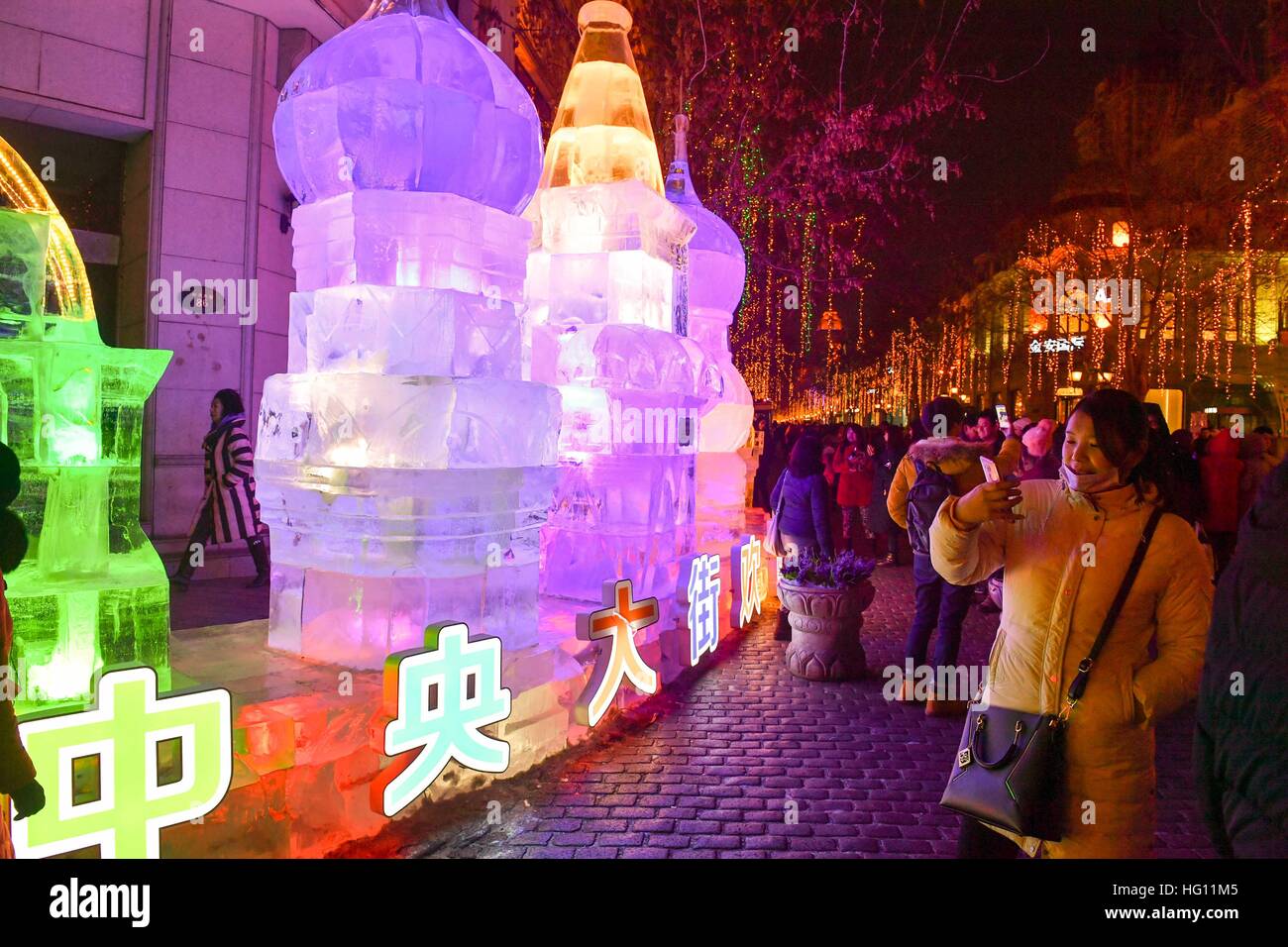 Harbin, China's Heilongjiang Province. 3rd Jan, 2017. Tourists view ice ...