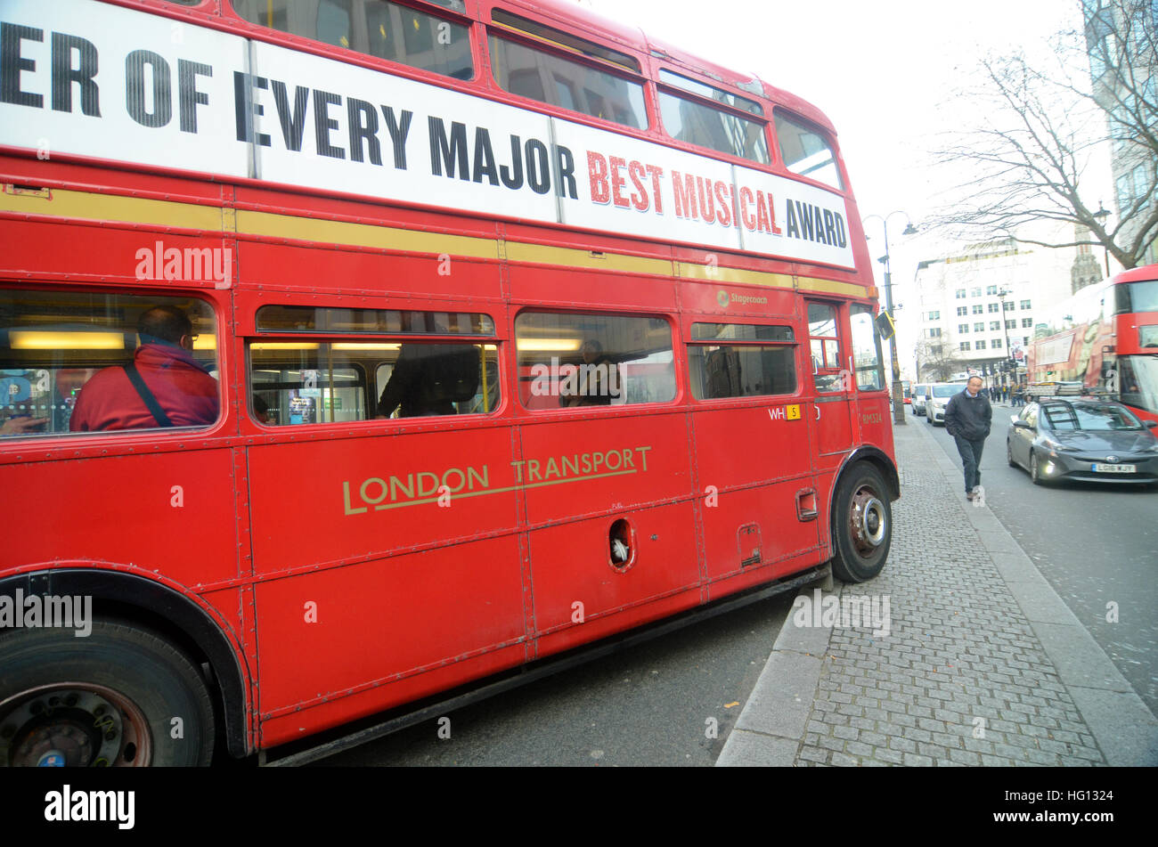 London, UK. 03rd Jan, 2017. Old Routemaster bus mounts pavement. Sadiq ...