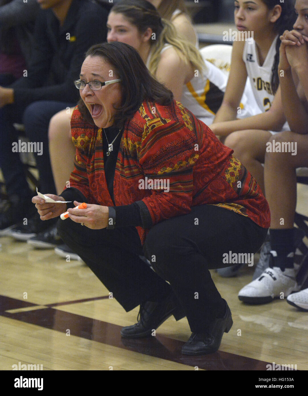 Usa. 3rd Jan, 2017. SPORTS -- Cibola coach Lori Mabrey yells from the ...