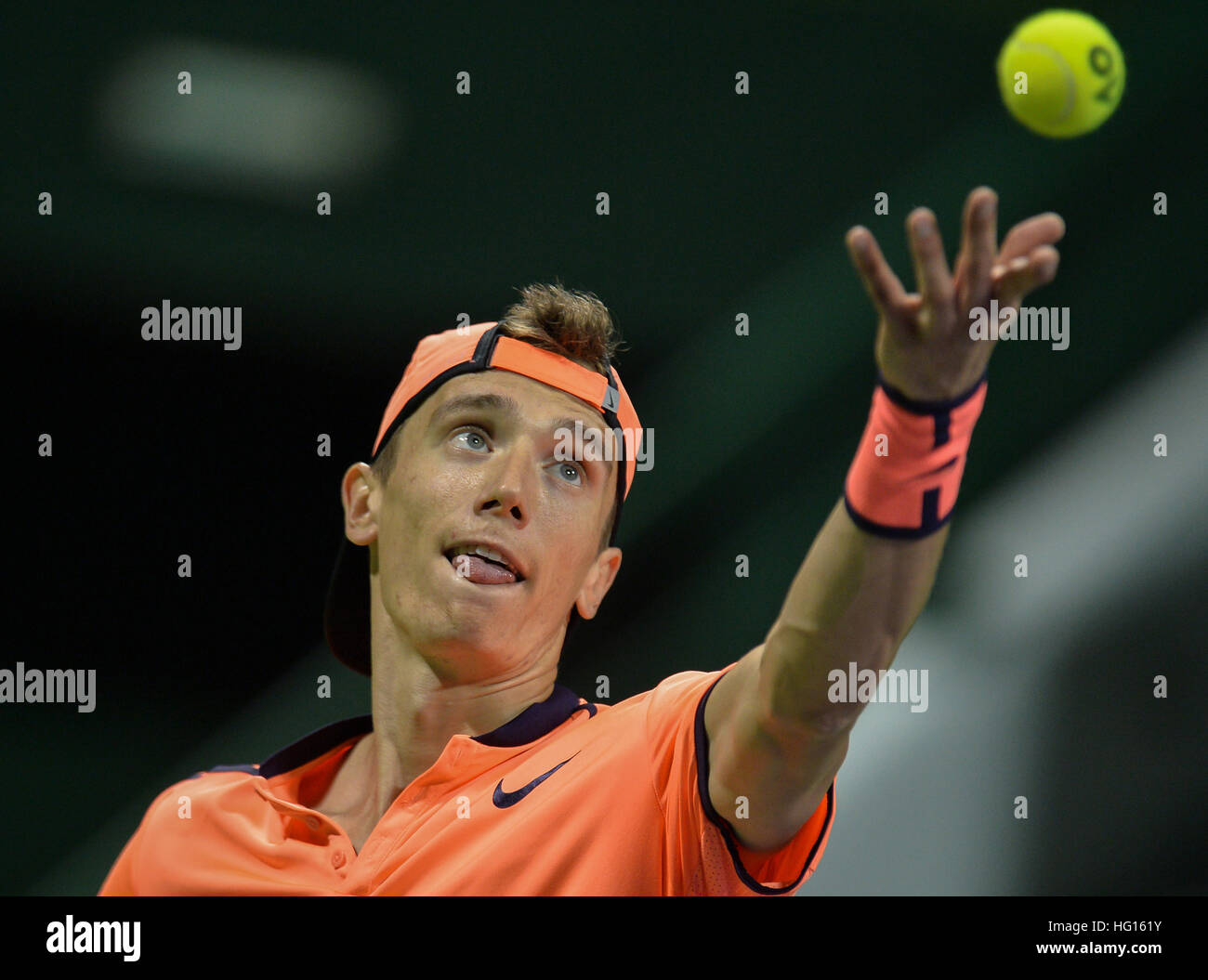 Doha, Qatar. 3rd Jan, 2017. Andrey Kuznetsov of Russia serves during a ...