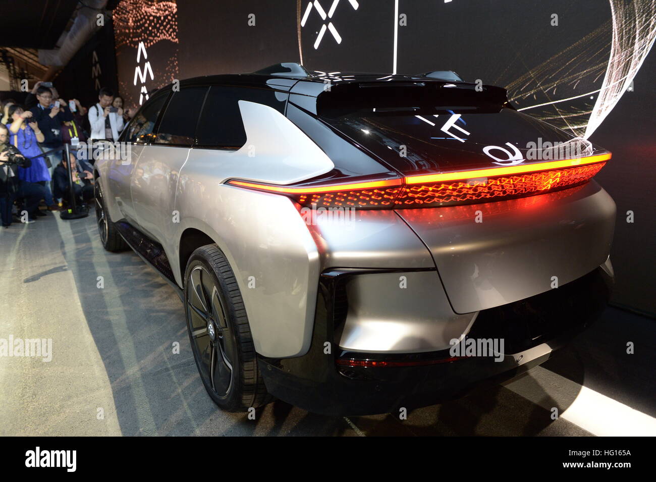 Las Vegas, USA. 3rd Jan, 2017. Start-up Faraday Future presents its first production model, the ...