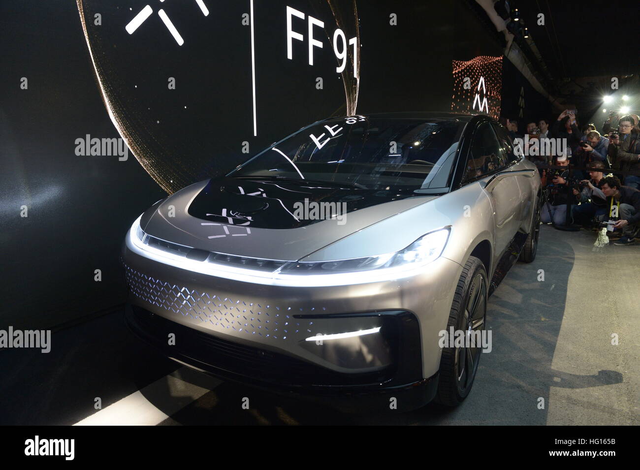 Las Vegas, USA. 3rd Jan, 2017. Start-up Faraday Future presents its first production model, the ...