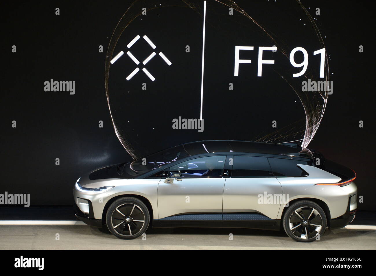 Las Vegas, USA. 3rd Jan, 2017. Start-up Faraday Future presents its first production model, the ...