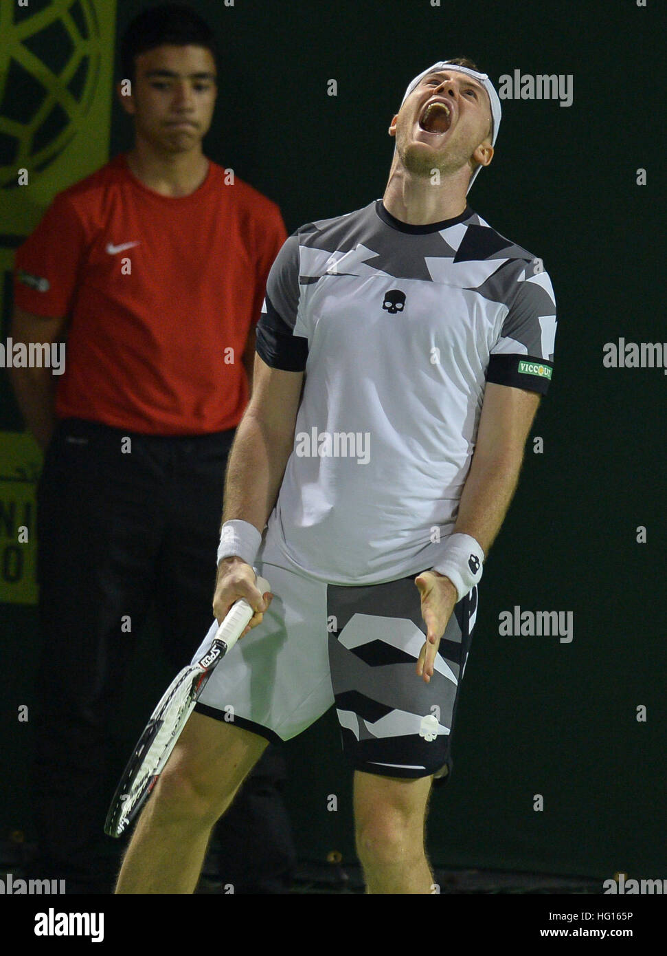 Doha, Qatar. 3rd Jan, 2017. Illya Marchenko of Ukraine reacts during a ...