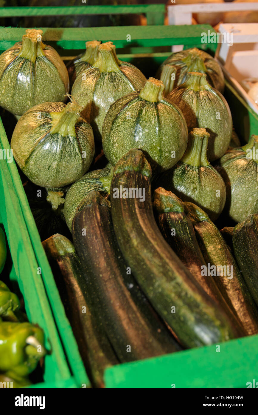 Group of Green Zucchini inside Wooden Box at Market, Courgette Stock ...