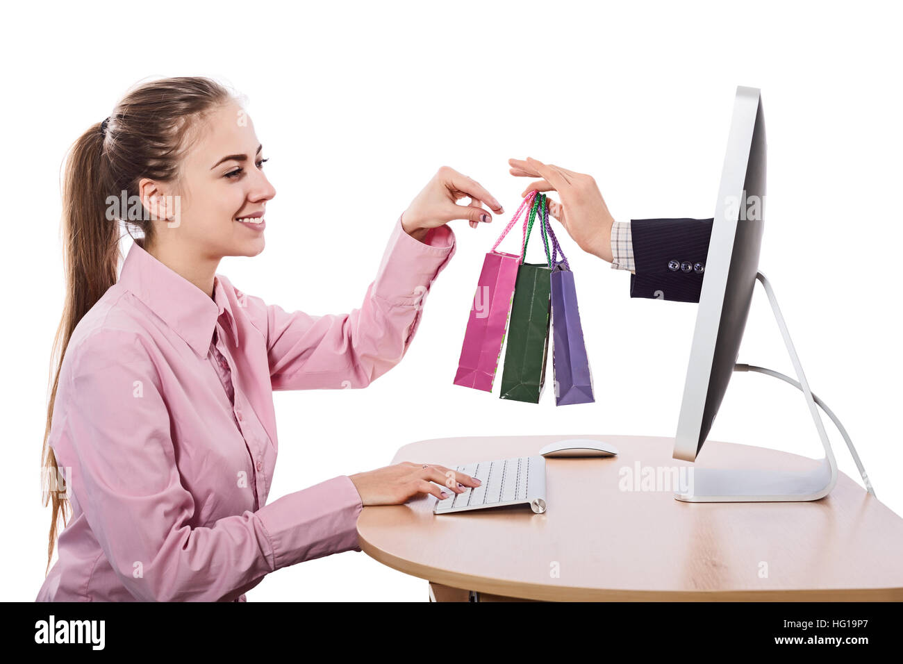 Young Woman makes Order on Computer and gets Delivery Stock Photo - Alamy