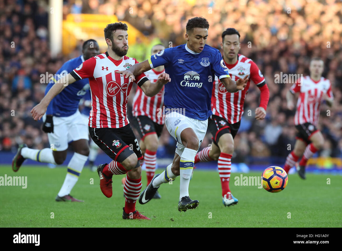 Everton's Dominic Calvert-Lewin (right) and Southampton's Sam McQueen ...