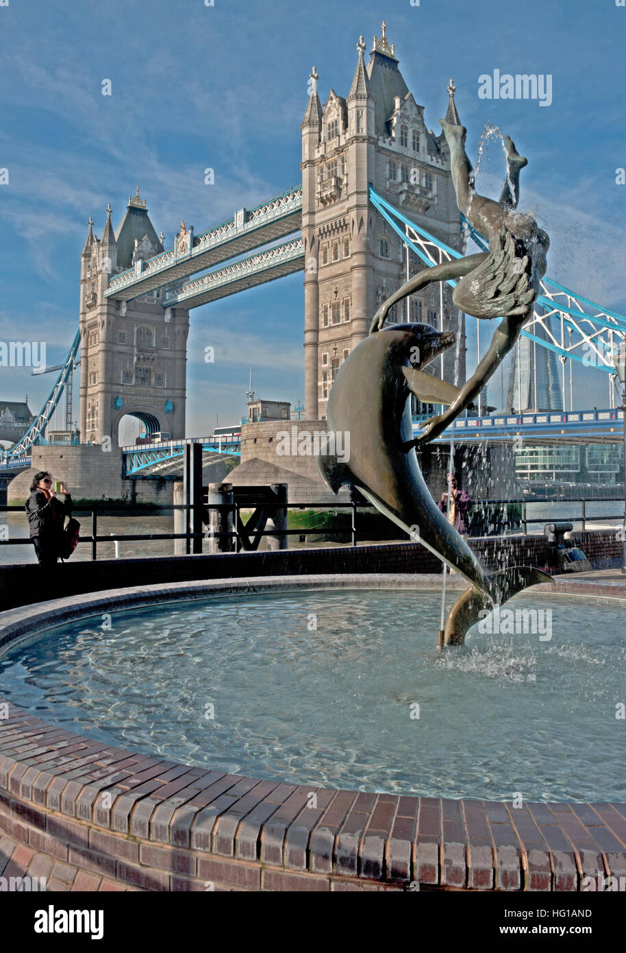 Tower Bridge, Girl with a Dolphin Fountain Statue, River Thames, London ...