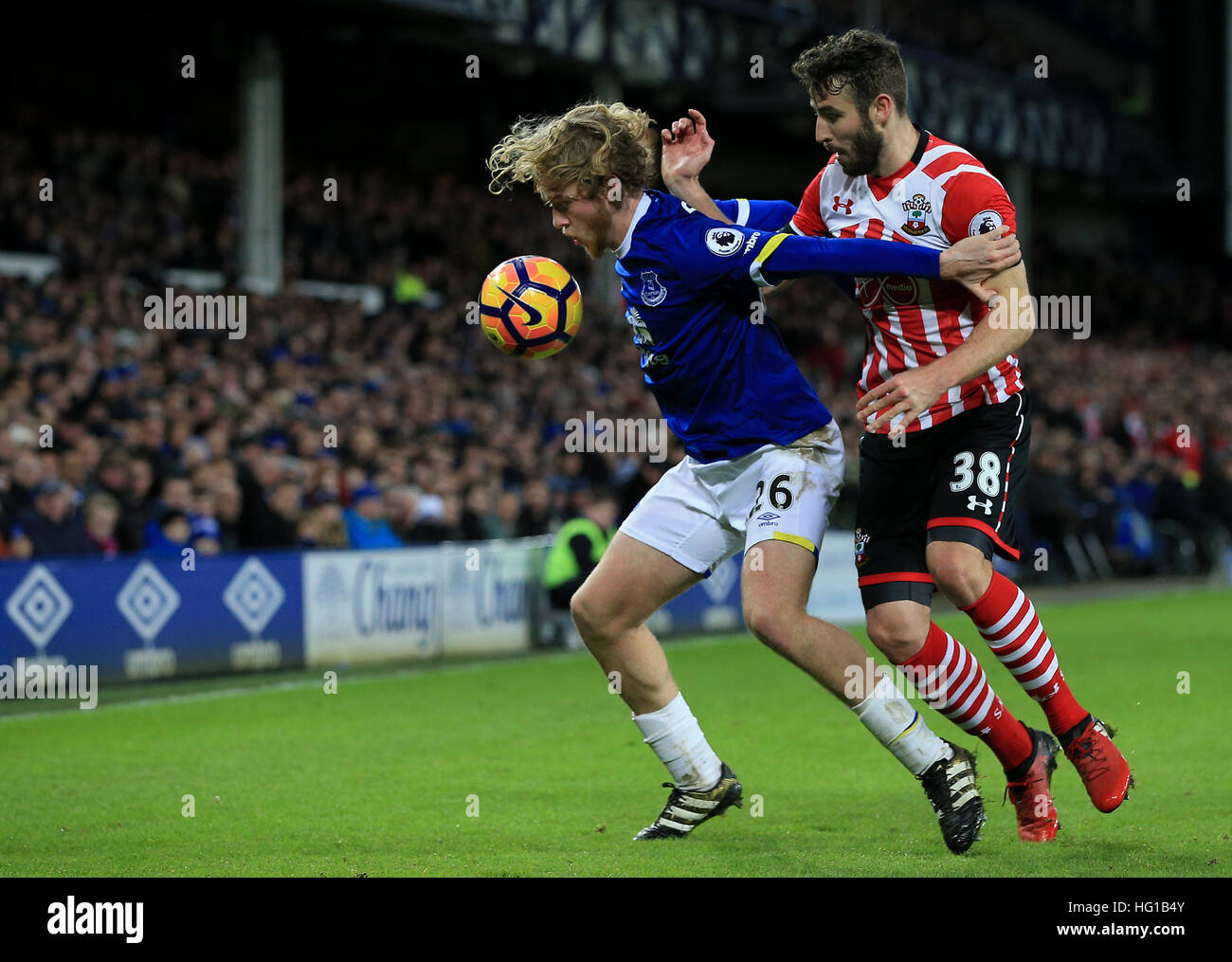 Everton's Tom Davies (left) and Southampton's Sam McQueenb battle for ...