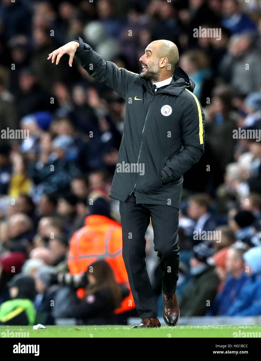 Manchester City manager Pep Guardiola gestures on the touchline during ...