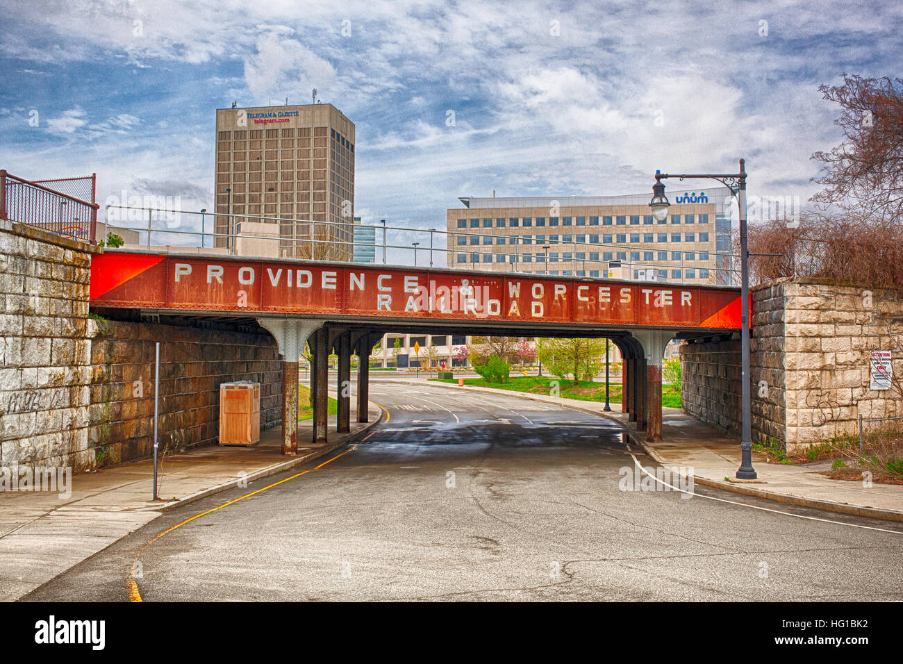 Railroad bridge crossing a roadway in downtown Worcester, MA Stock ...