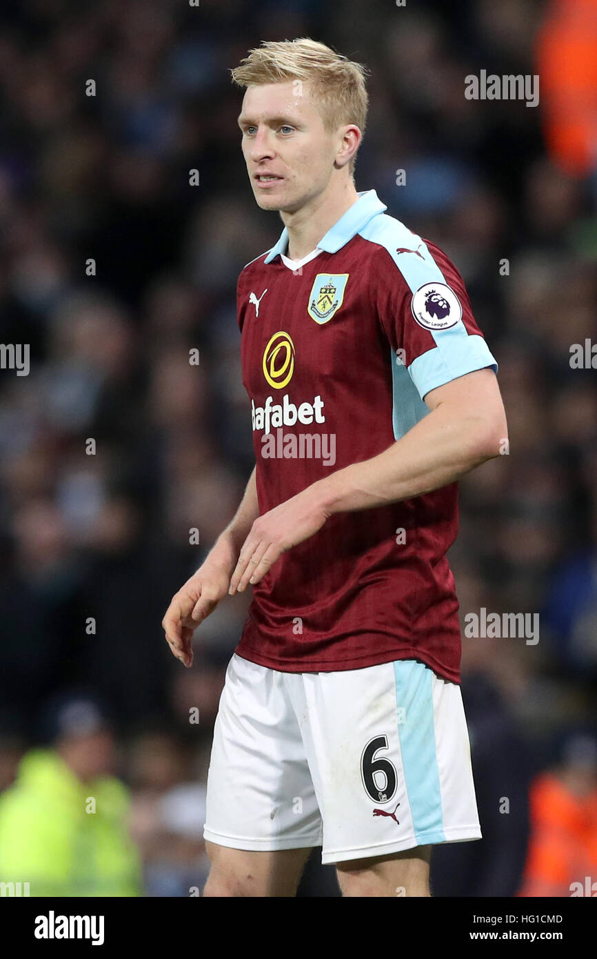 Burnley's Ben Mee during the Premier League match at the Etihad Stadium ...