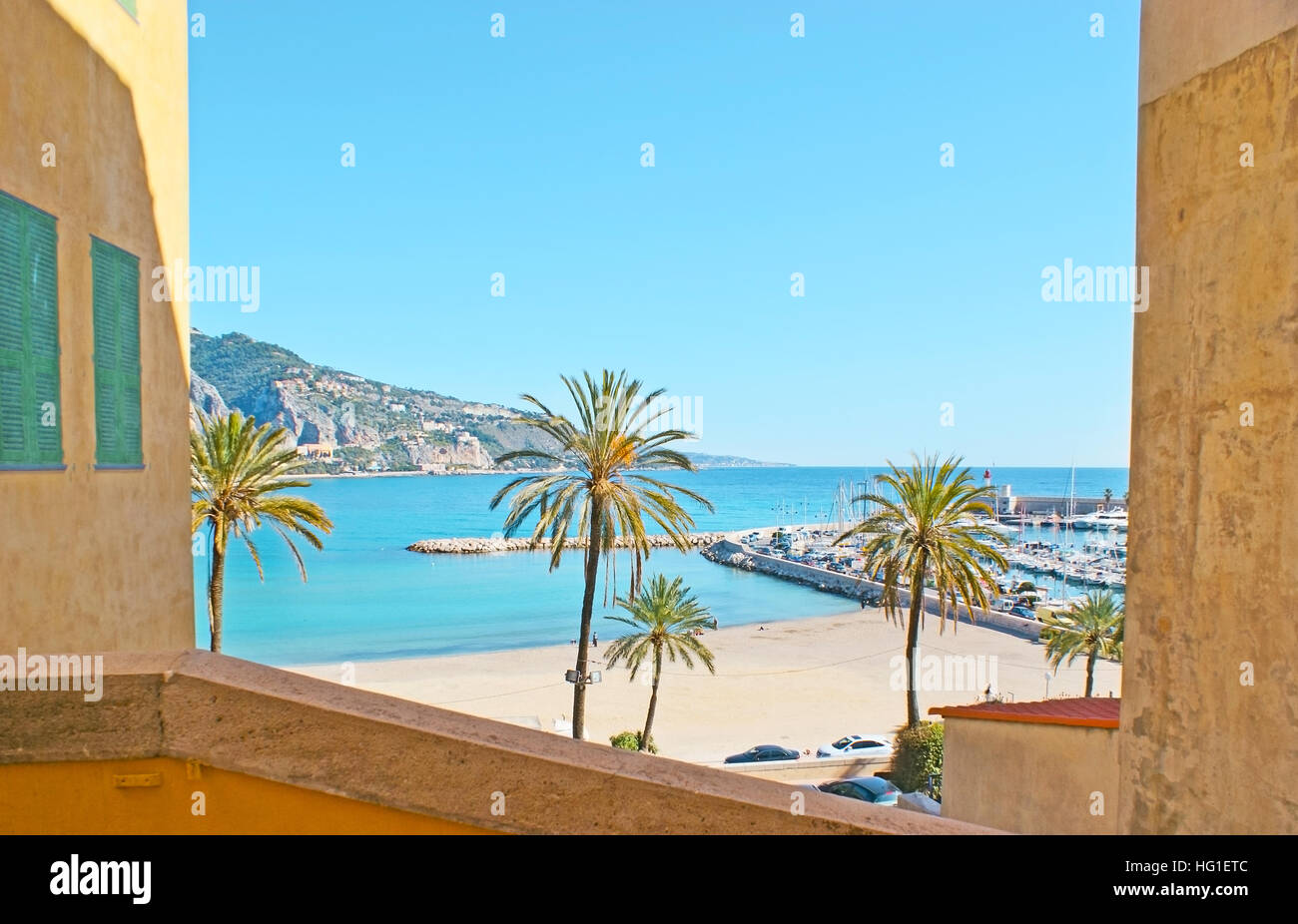 The view of the coast of Menton with Plage des Sablettes beach from the ...
