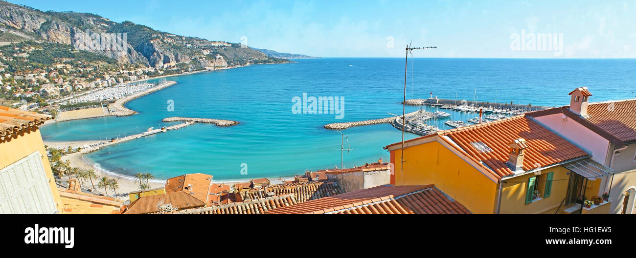 Panorama of the coastline with yacht ports, piers, Plage des Sablettes ...