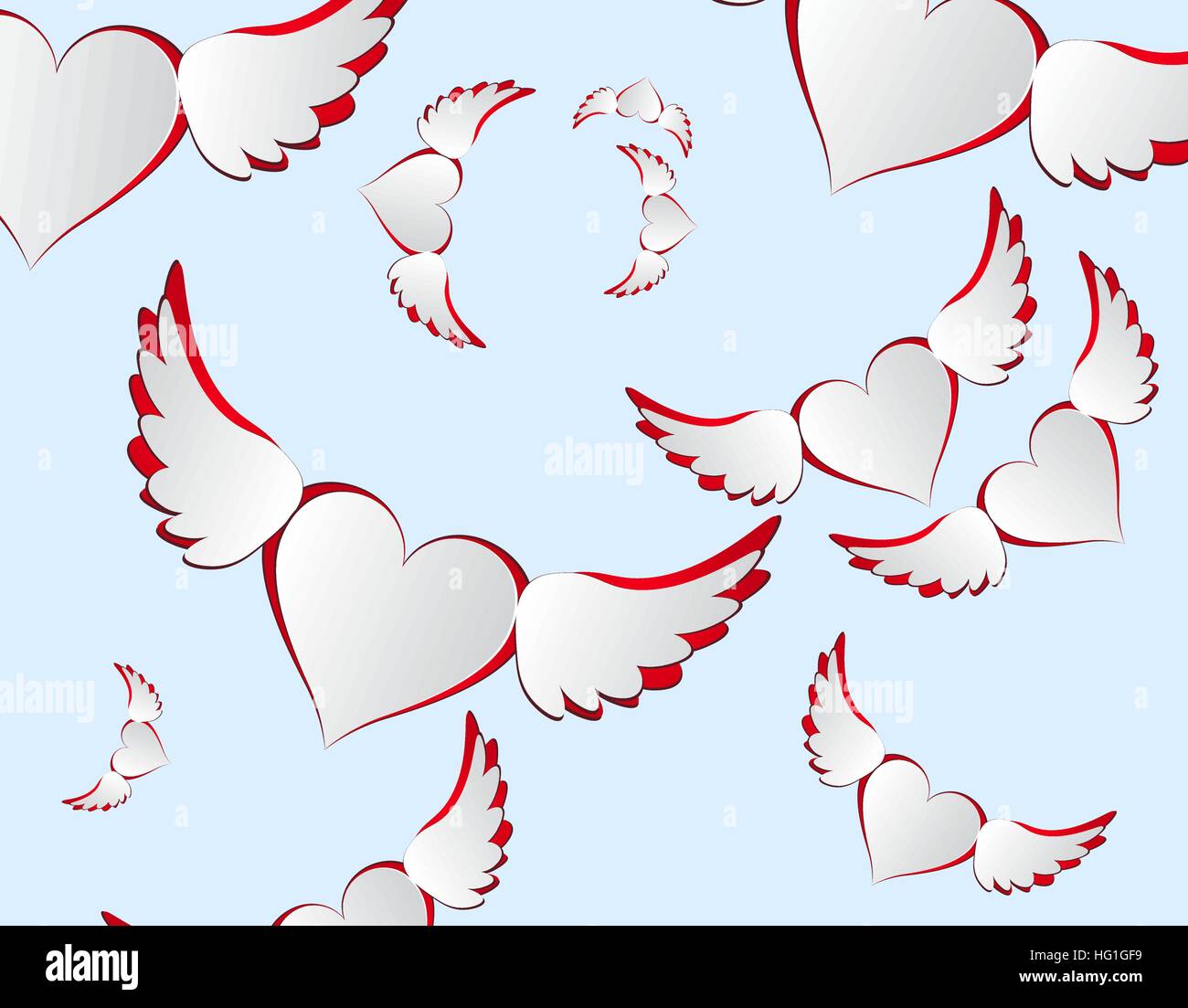 White hearts with wings flying in the sky background. Valentine s Day ...
