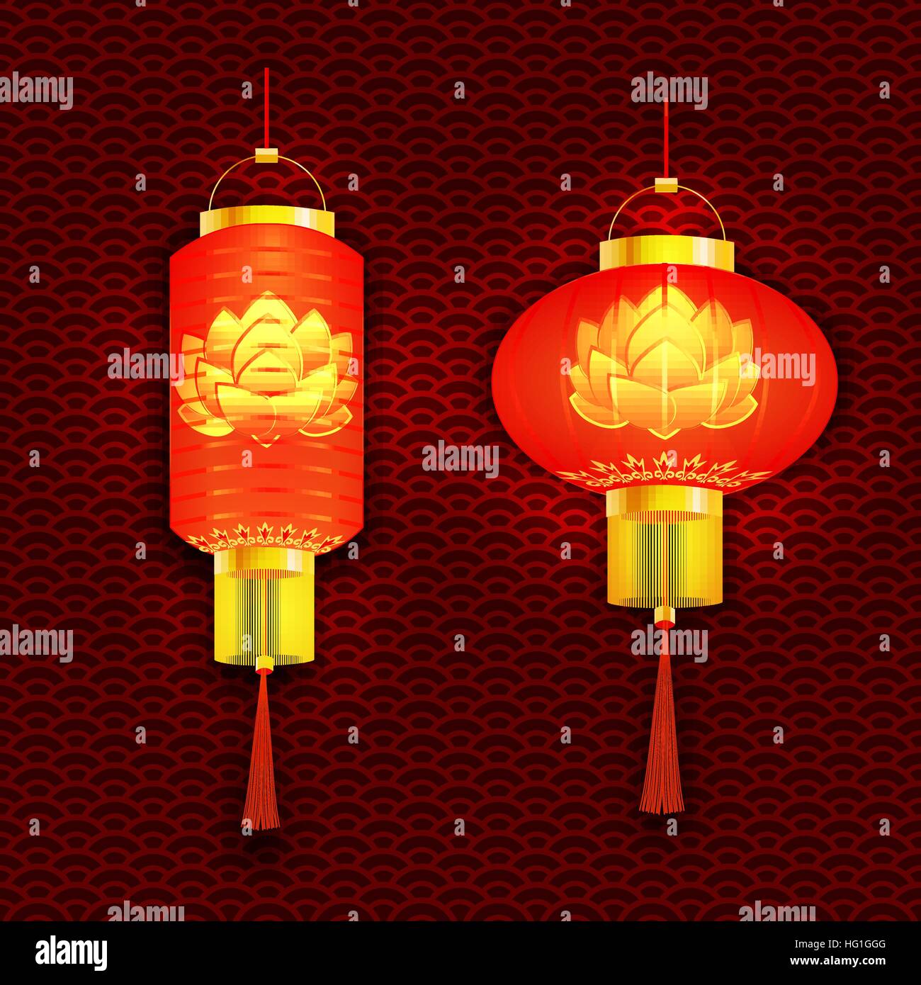 Set of red Chinese lanterns. And round cylindrical shape with a pattern ...