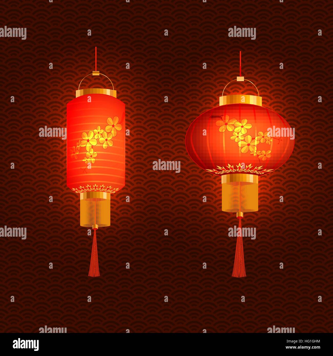 Set of red Chinese lanterns. Round and cylindrical shape. In openwork ...