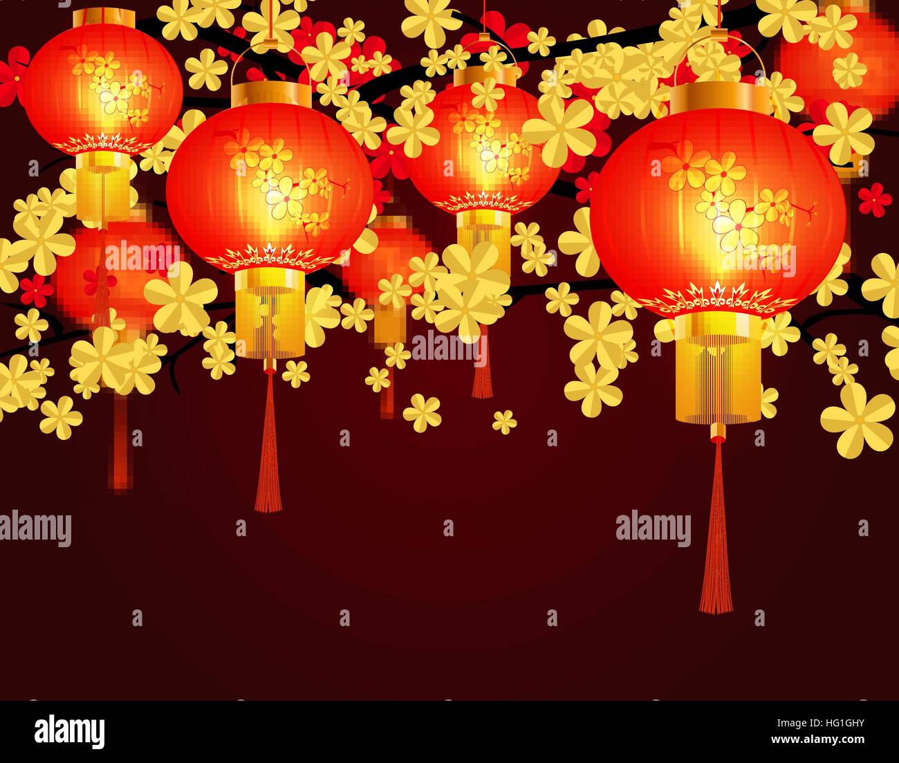 Red Chinese lanterns. Round shape with patterns. Against the background ...