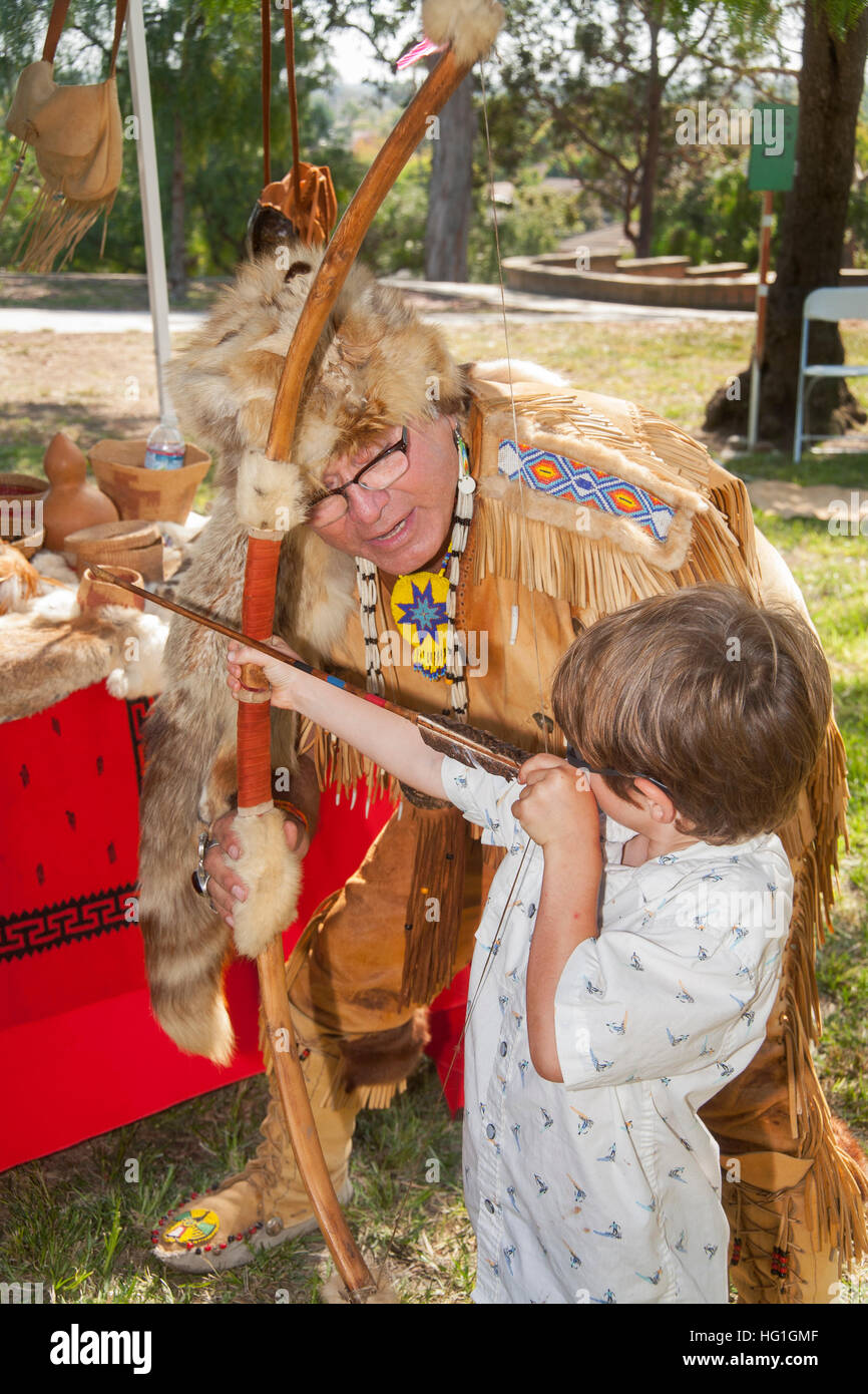 Dressed as an old time Native American Mission Indian, a historical re ...
