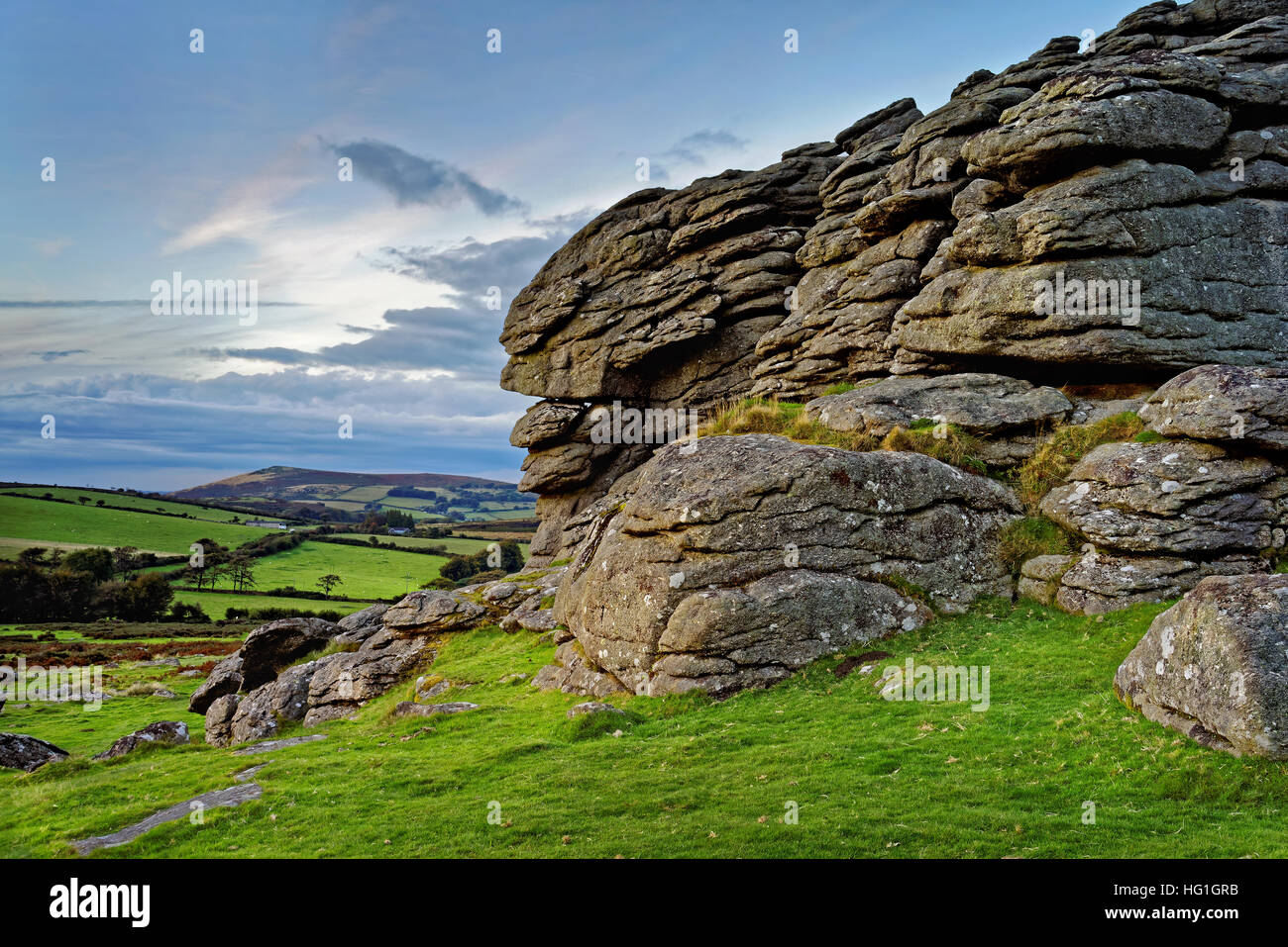 UK,Devon,Dartmoor,Sunset,Hound Tor looking North towards Easdon Tor ...
