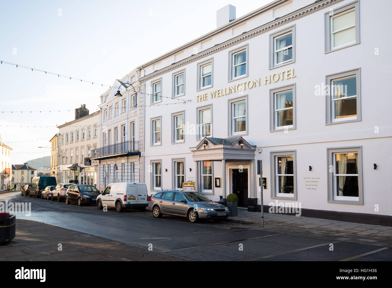 Exterior of The Wellington Hotel, Brecon - Brains SA pub Stock Photo ...