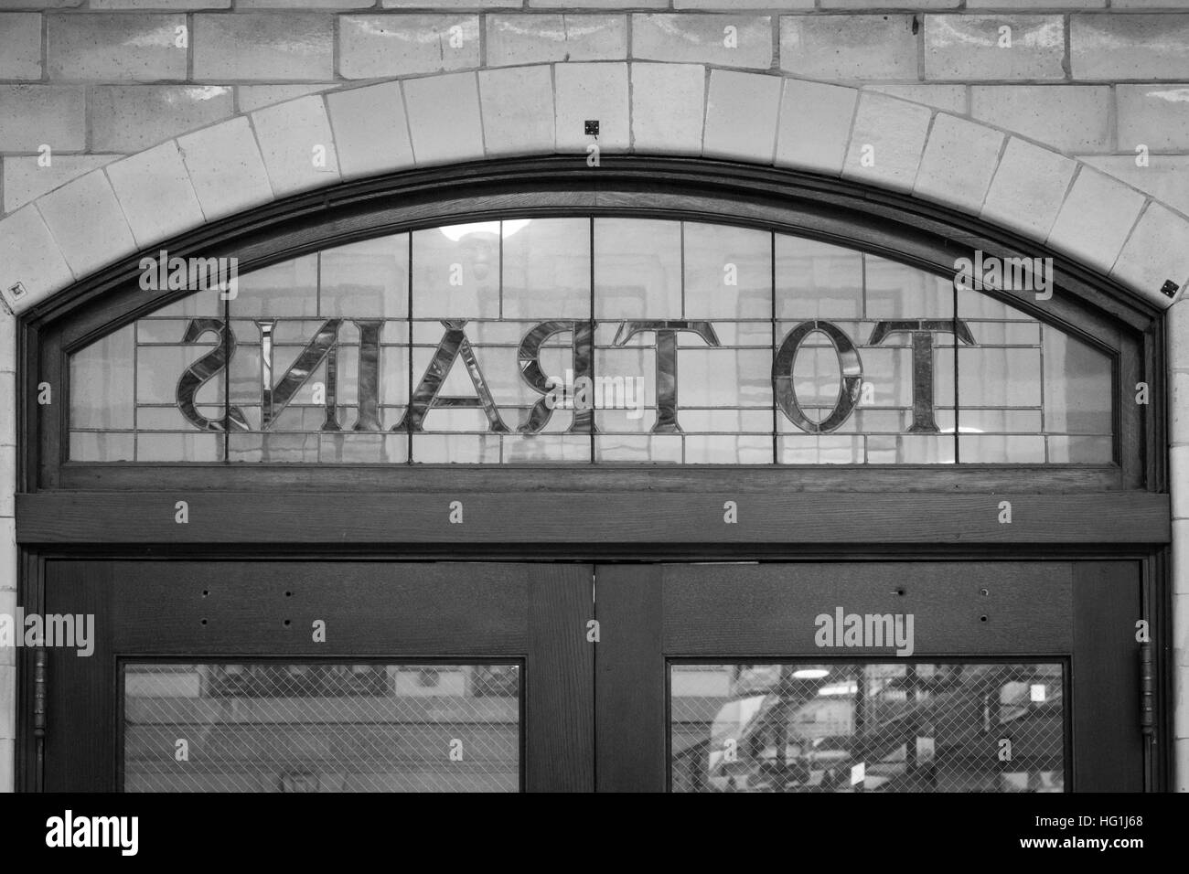 A black and white view of the stained glass sign at Hoboken Terminal in ...