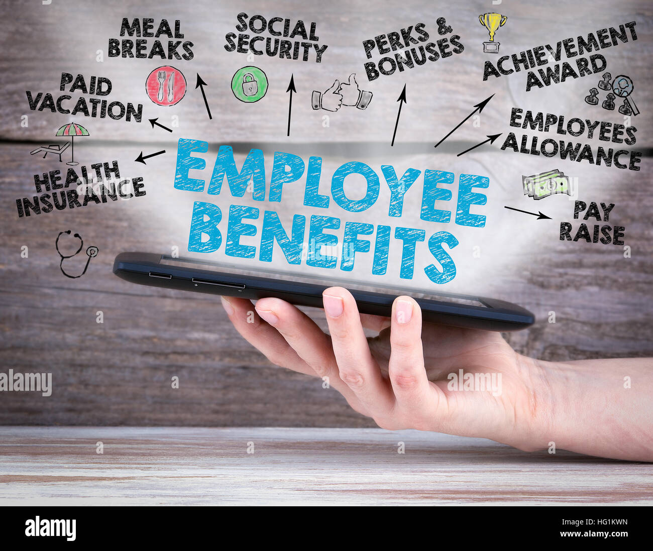 Employee Benefits Concept. Tablet computer in the hand. Old wooden ...