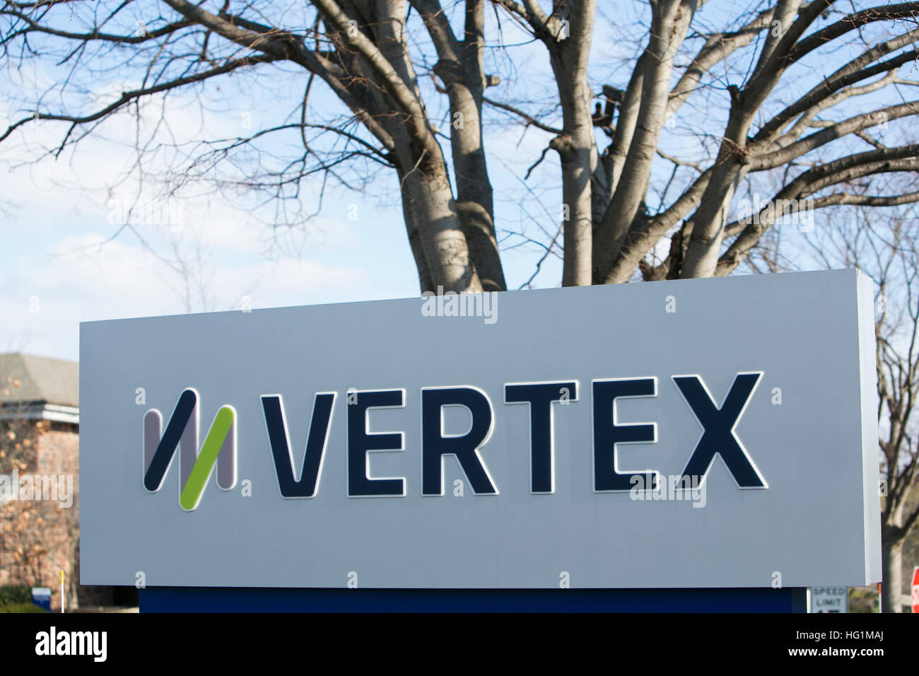 A logo sign outside of the headquarters of software maker Vertex, Inc ...