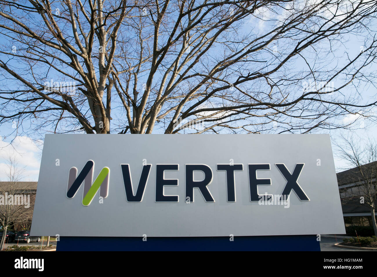 A logo sign outside of the headquarters of software maker Vertex, Inc ...